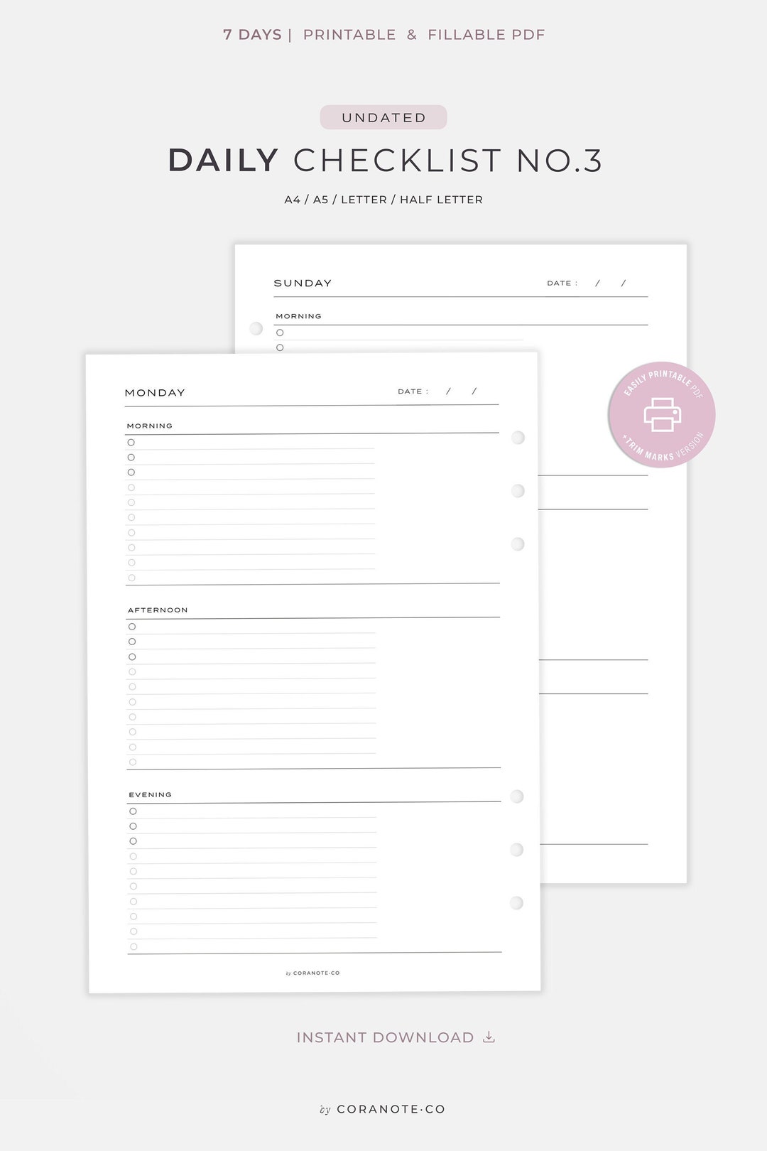 Daily Checklist Printable. Printable and Fillable Daily Task Pdf. Daily ...