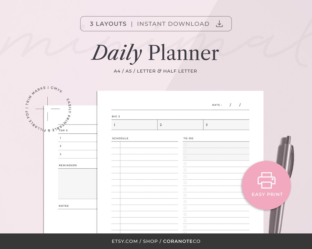 Daily Planner Template With 3 Layouts. Easily Printable and Fillable ...