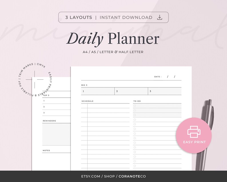 Daily Planner Template With 3 Layouts. Easily Printable and Fillable ...