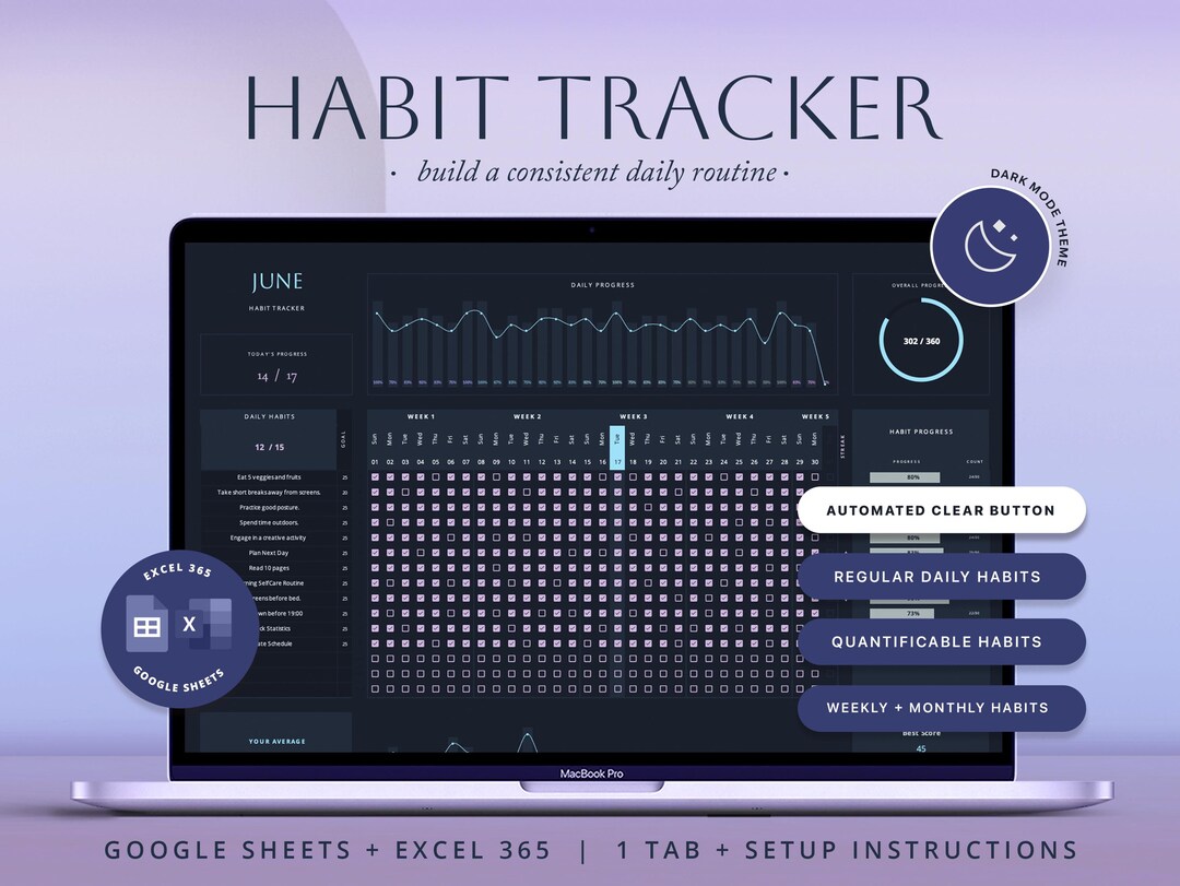 Habit Tracker Spreadsheet, Dark Mode Goal Tracker Template, Excel Daily ...