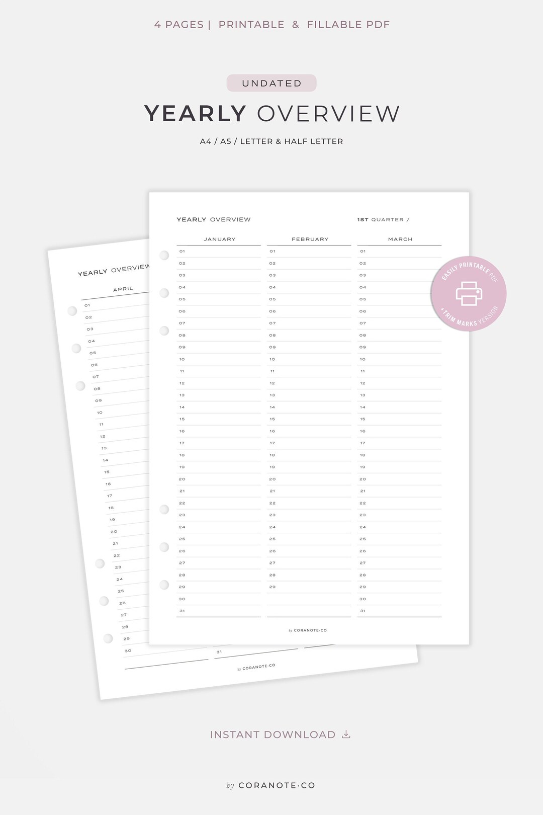 Yearly Overview Planner Template, Printable Yearly Planner. Undated ...