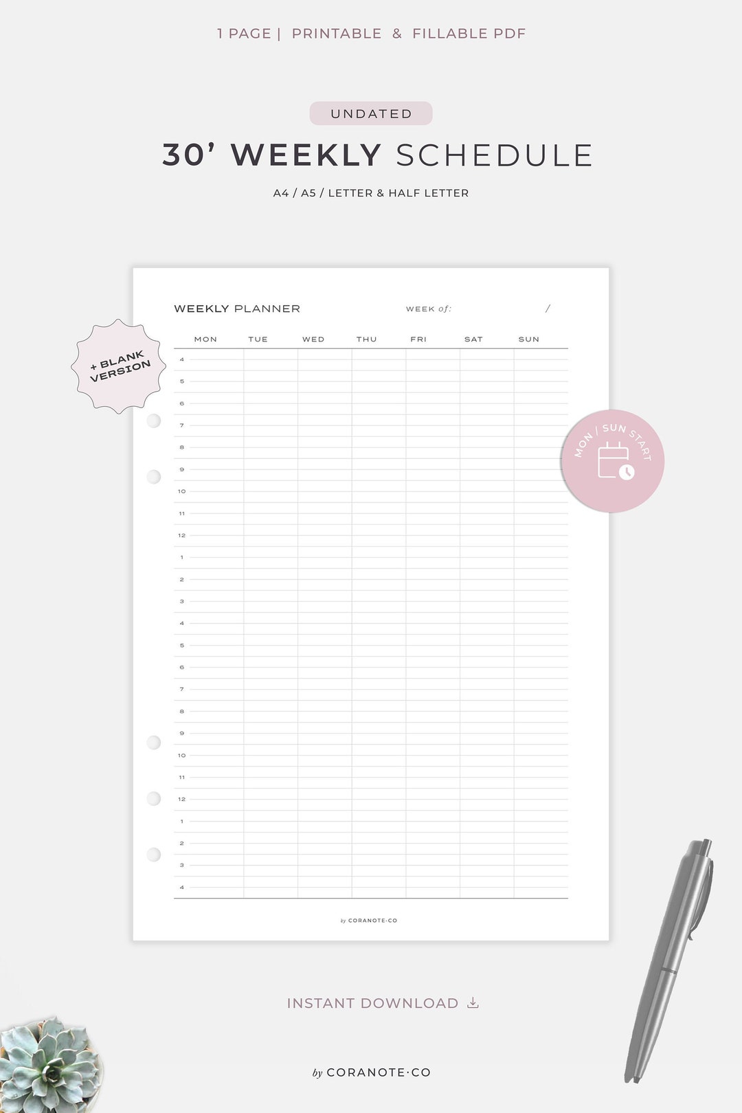 30 Min Weekly Schedule Template, Monday & Sunday Start, Printable and ...