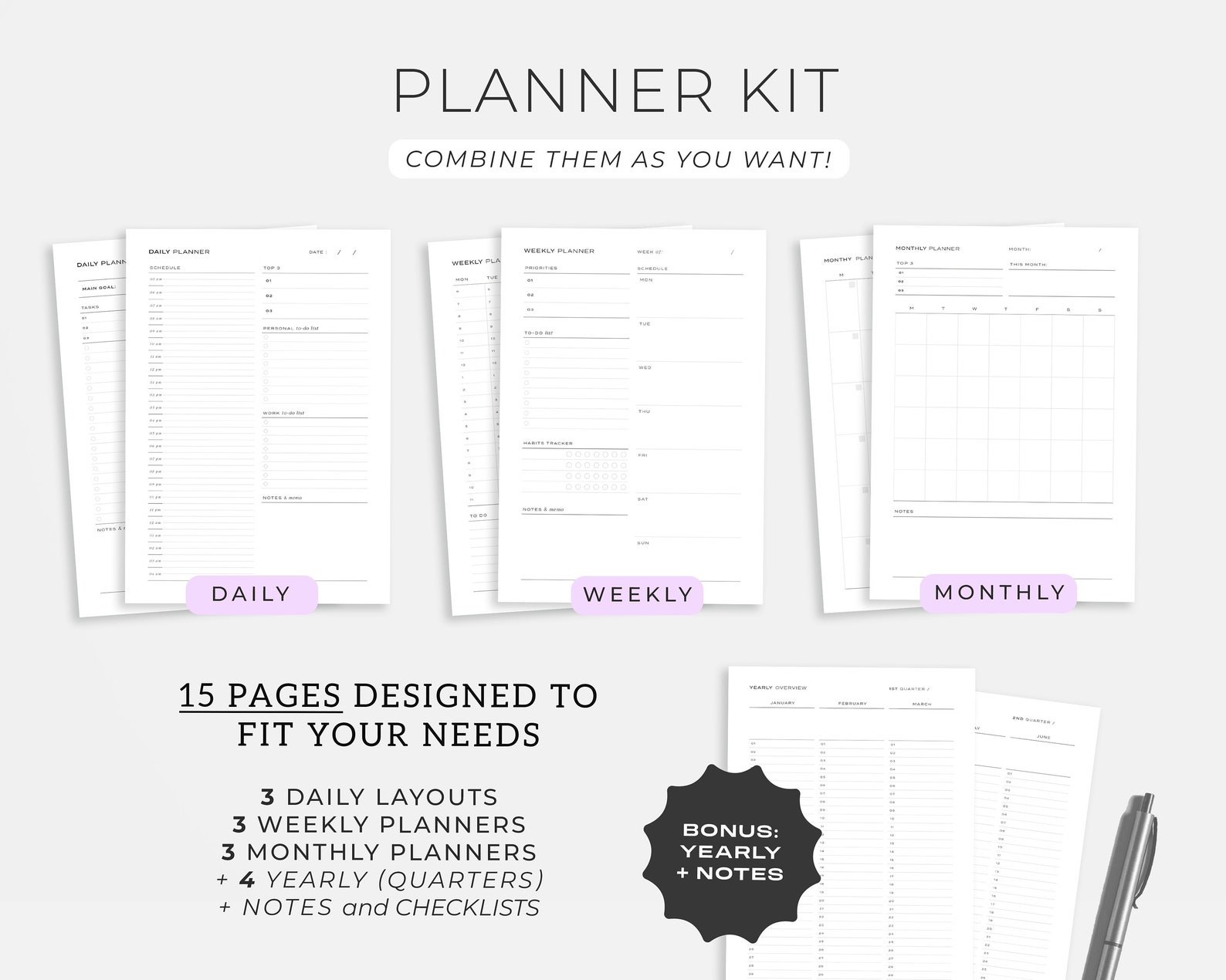 Daily Weekly Monthly Printable Planner Templates Undated Planner Bundle ...