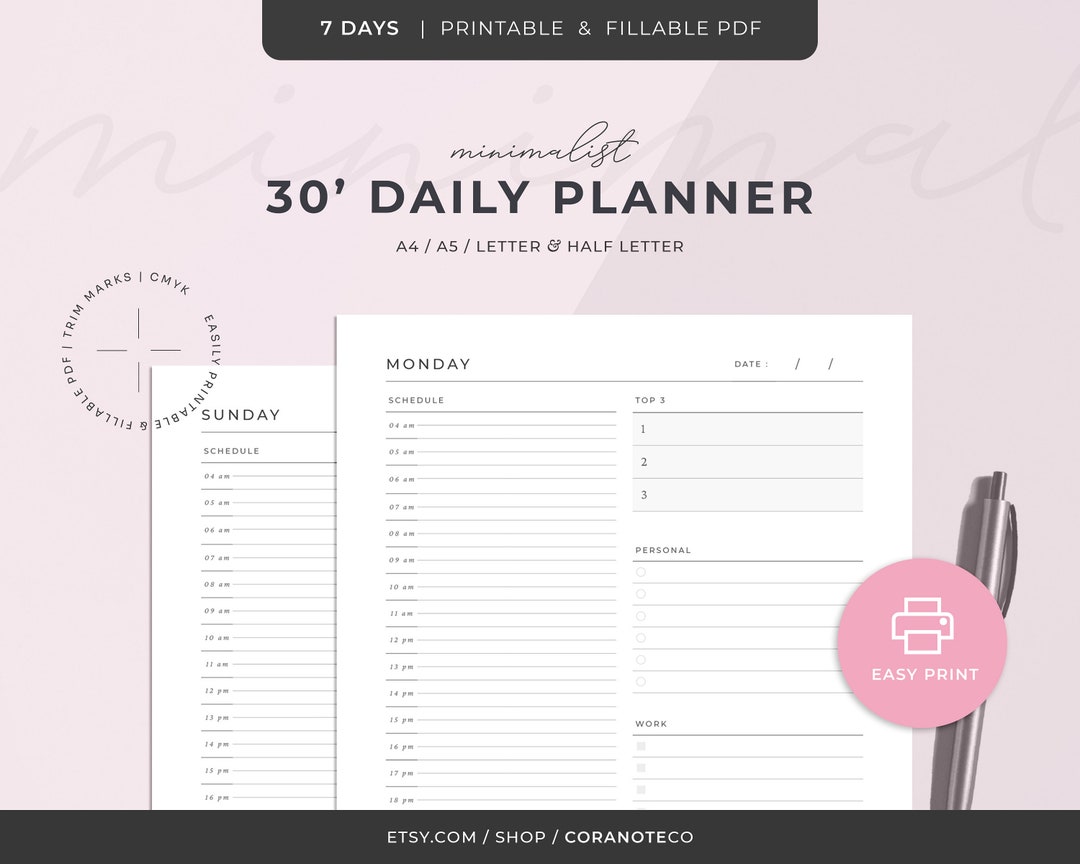 24 Scheduled Daily Planner Template. Easily Printable and Fillable Pdf ...