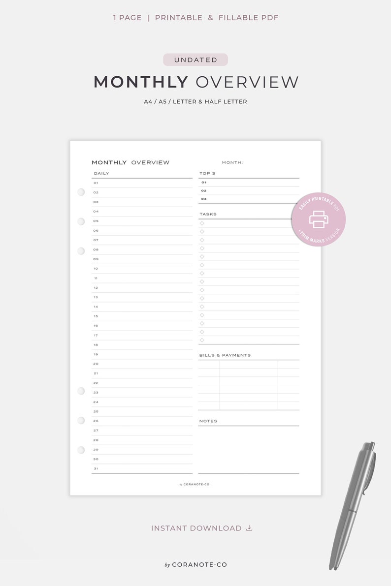 Monthly Overview Planner Template, Undated Monthly Planner. Printable ...