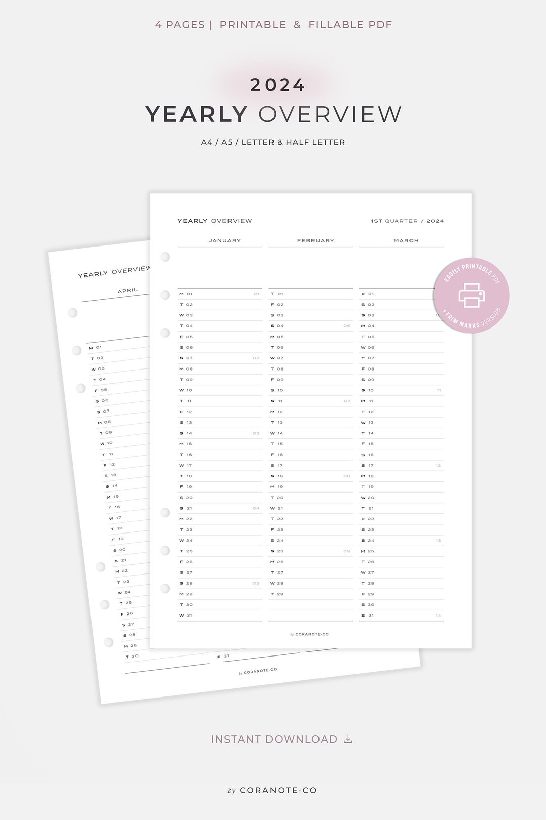 2024 Yearly Overview Planner Template, Easily Printable and Fillable ...