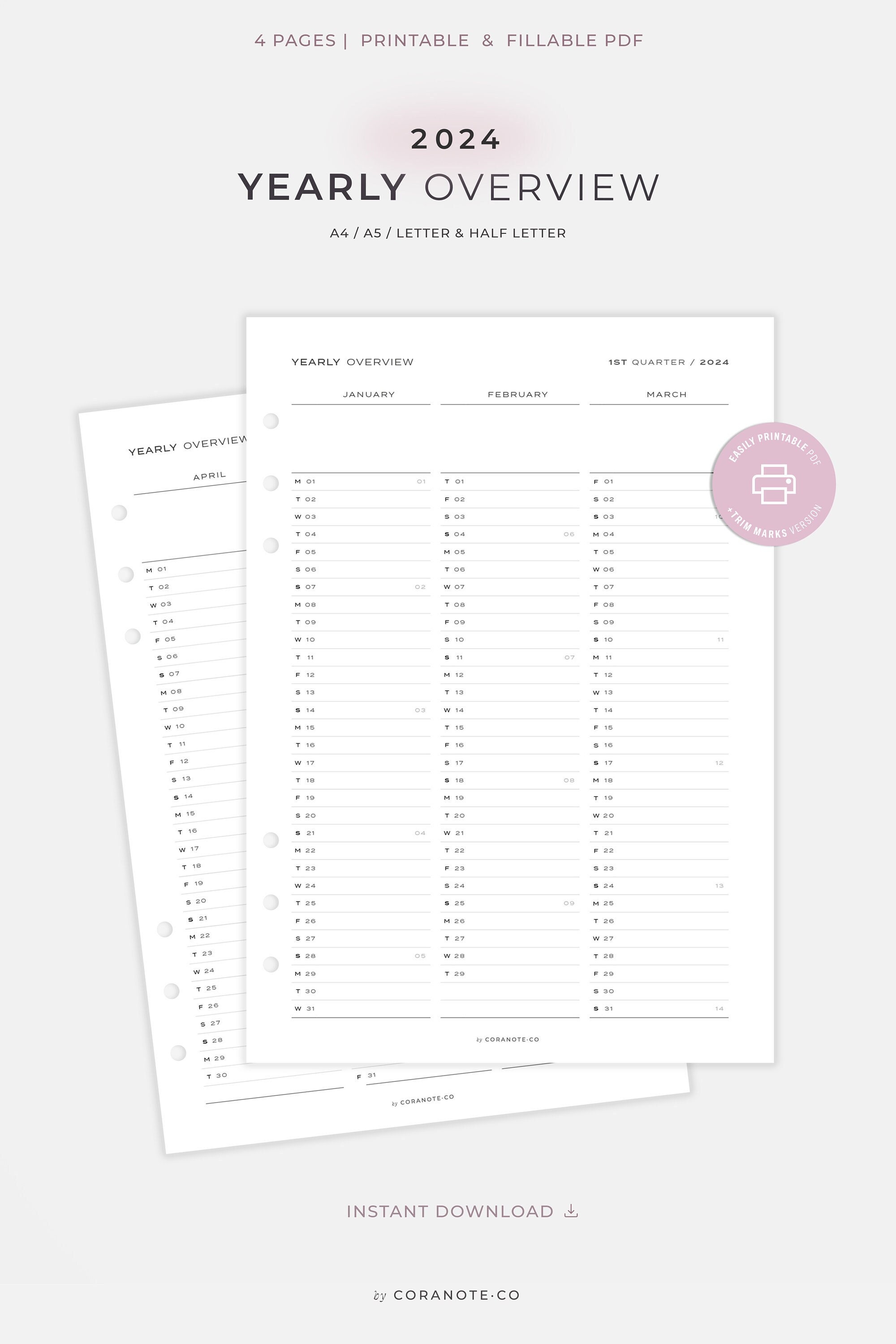 2024 Yearly Overview Planner Template, Easily Printable and Fillable ...
