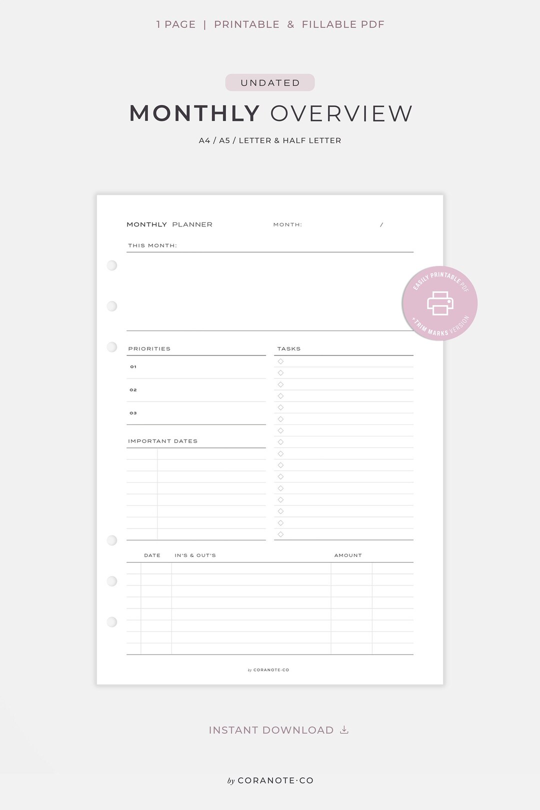Monthly Overview Planner Template, Undated Planner. Easily Printable ...