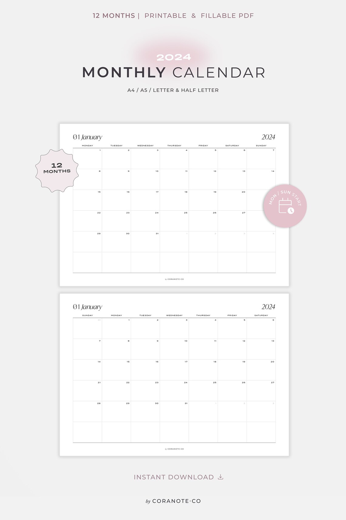 2024 Monthly Calendar Printable Template, 12 Months Planner Set ...
