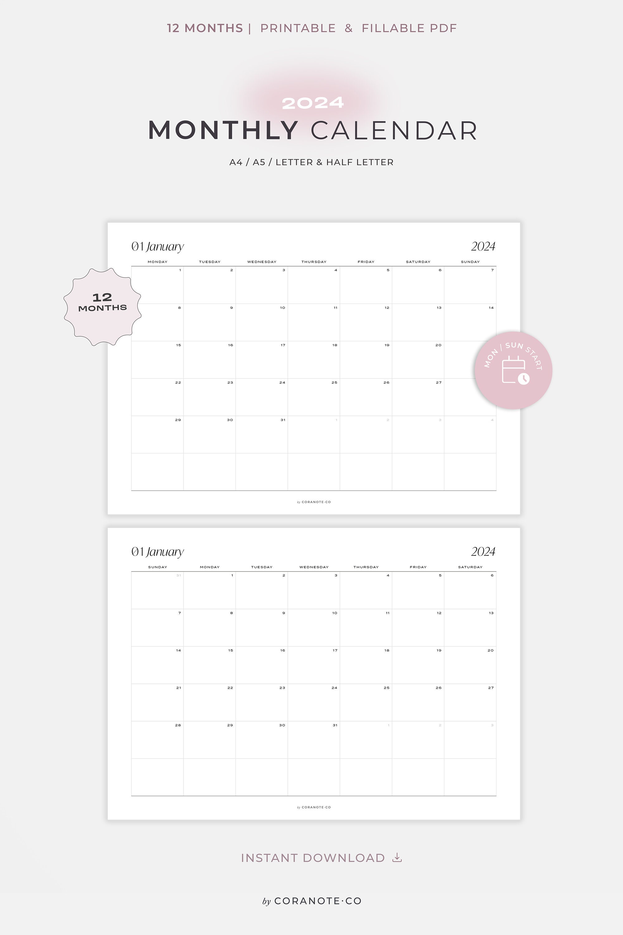 2024 Monthly Calendar Printable Template, 12 Months Planner Set ...