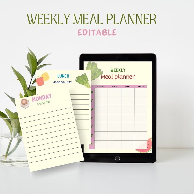 Weekly Meal Planner Printable, Fillable Template, Grocery List (PDF) - Etsy