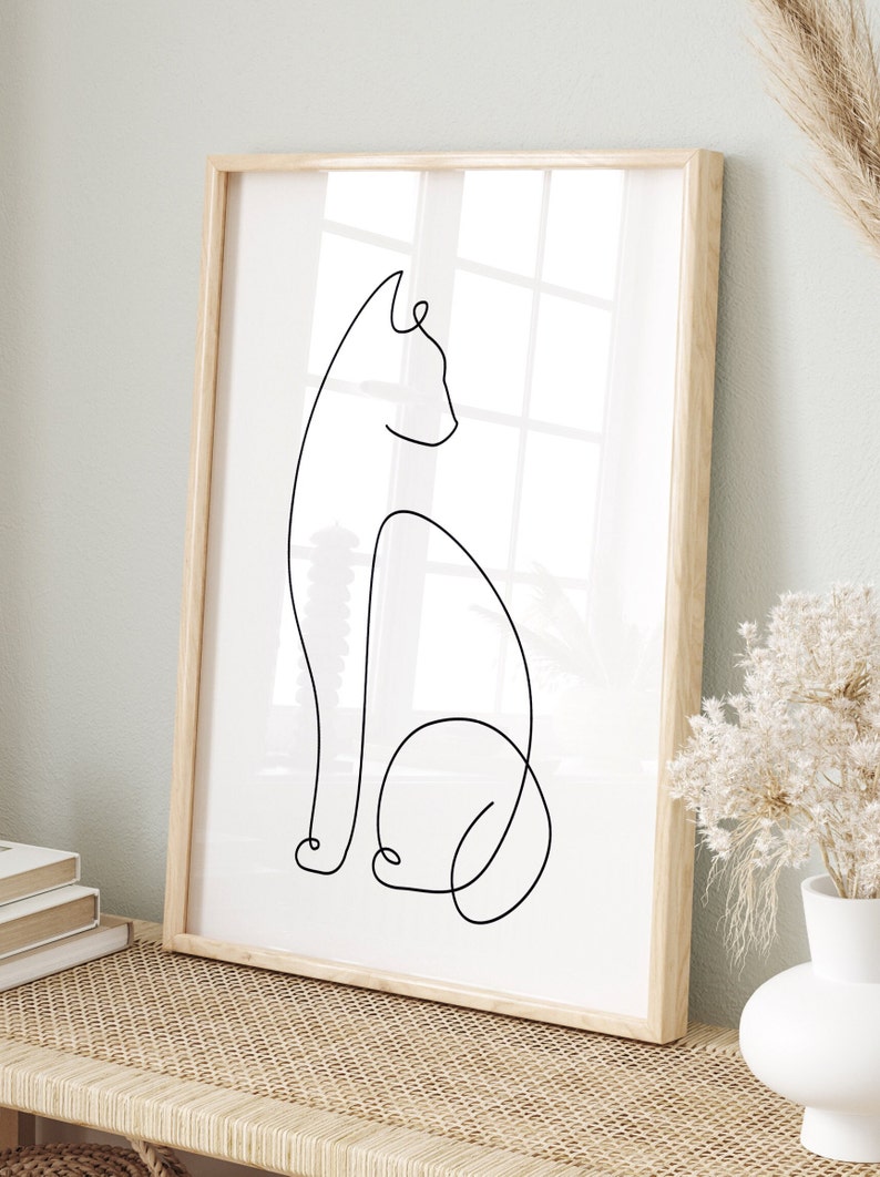 Cat Line Art Print, Digital Download, Cat Poster, Black & White Poster ...