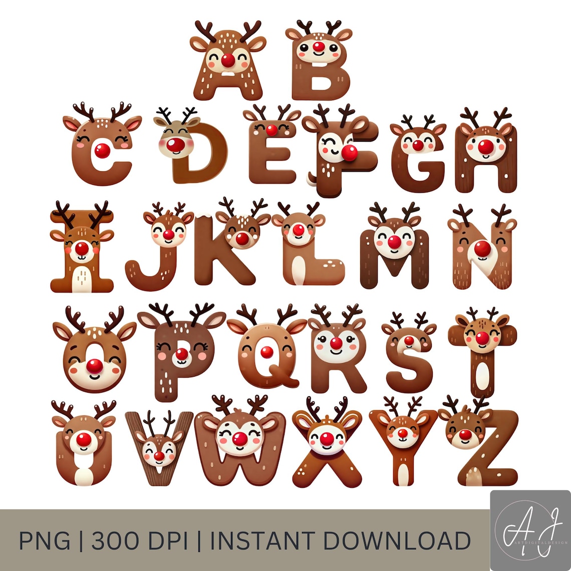 Christmas Reindeer Alphabet Clipart Set, Cute Holiday Letters PNG ...
