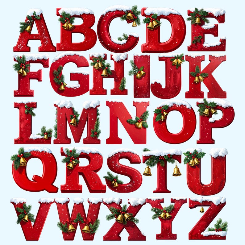 Snowy Christmas Alphabet PNG Bundle: Red Holiday Letters (digital ...
