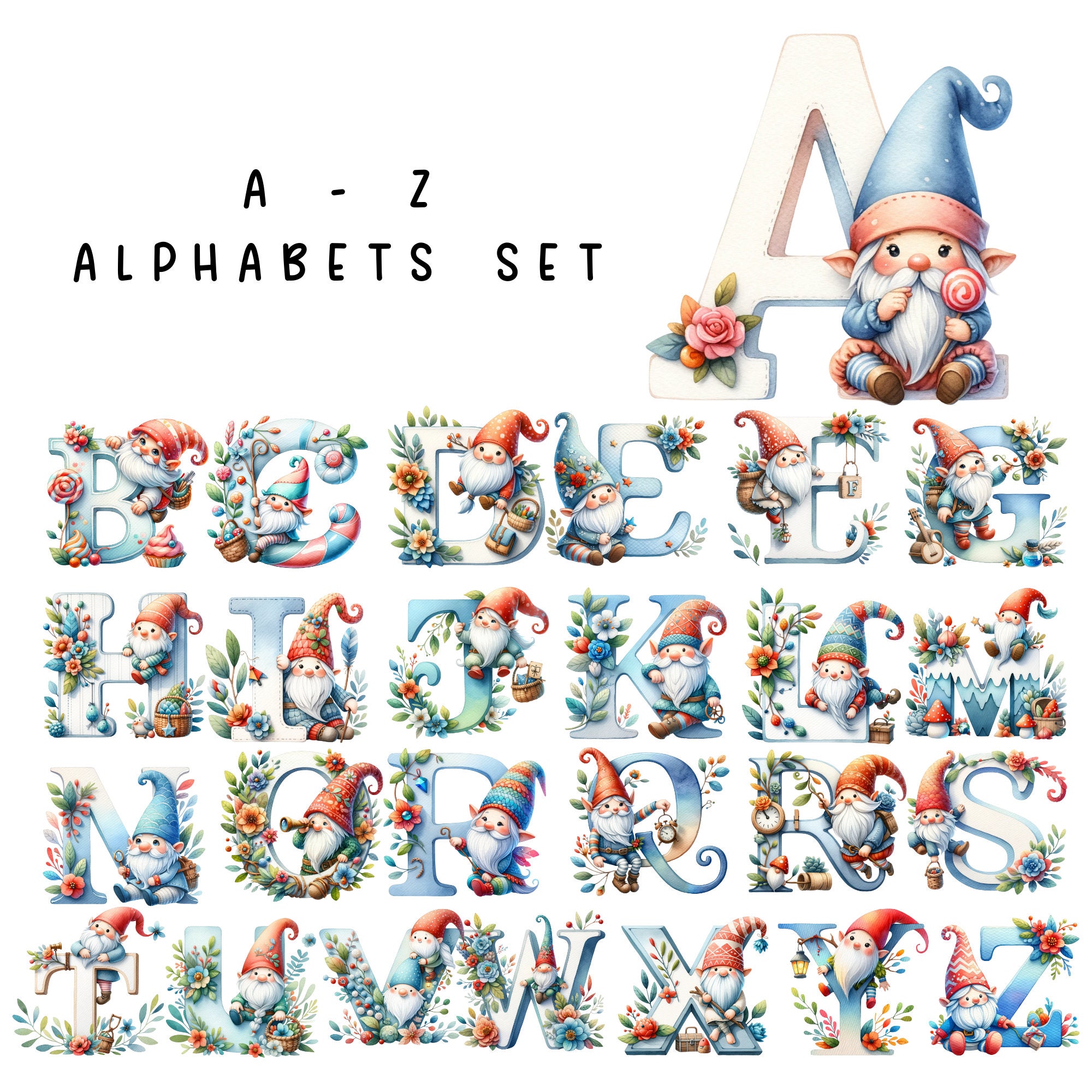 Cute Gnomes Alphabet A - Z Clipart, Watercolor Letters Png, Gnome ...