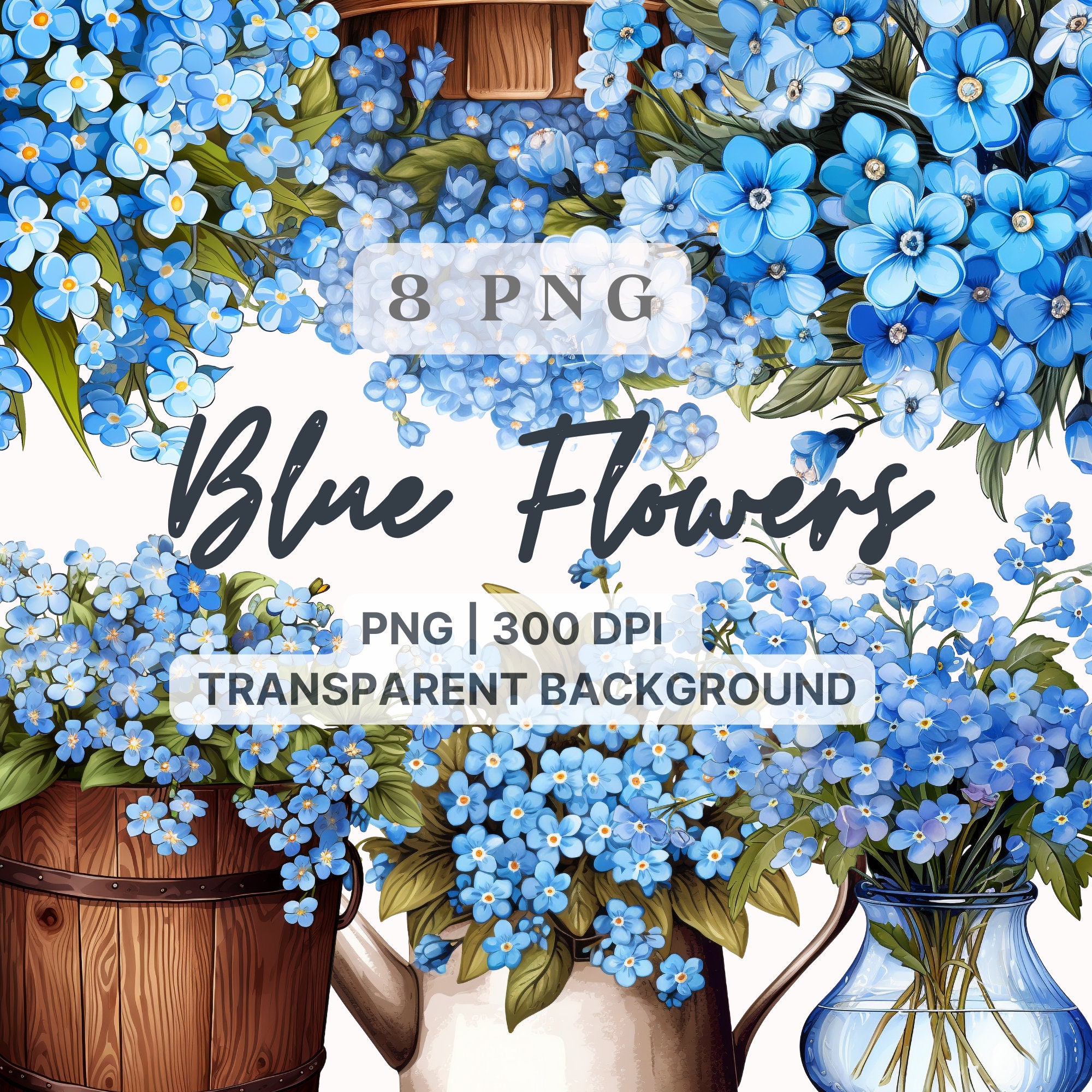 Blue Watercolor Floral Clipart, Floral Clipart, Wedding Clipart, Spring ...