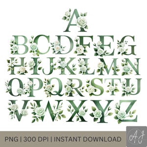 Floral Alphabet PNG: Green Letters With White Roses (digital Download ...
