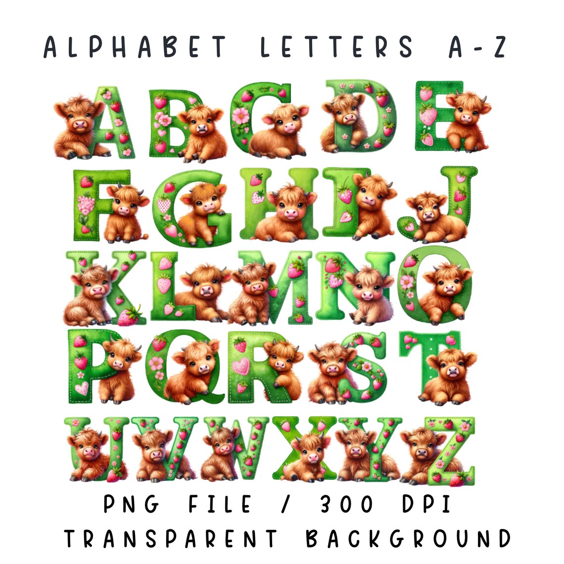 Cute Highland Cow Alphabet Letters A-Z, Alphabet Set Adorned With ...