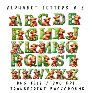 Cute Highland Cow Alphabet Letters A-Z, Alphabet Set Adorned With ...