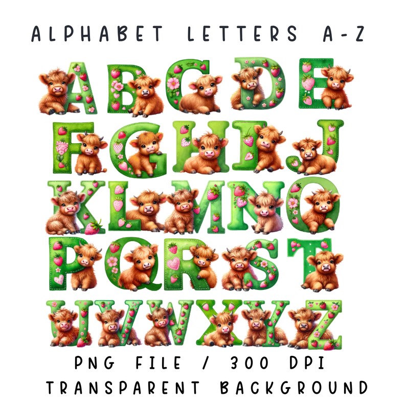 Cute Highland Cow Alphabet Letters A-Z, Alphabet Set Adorned With ...