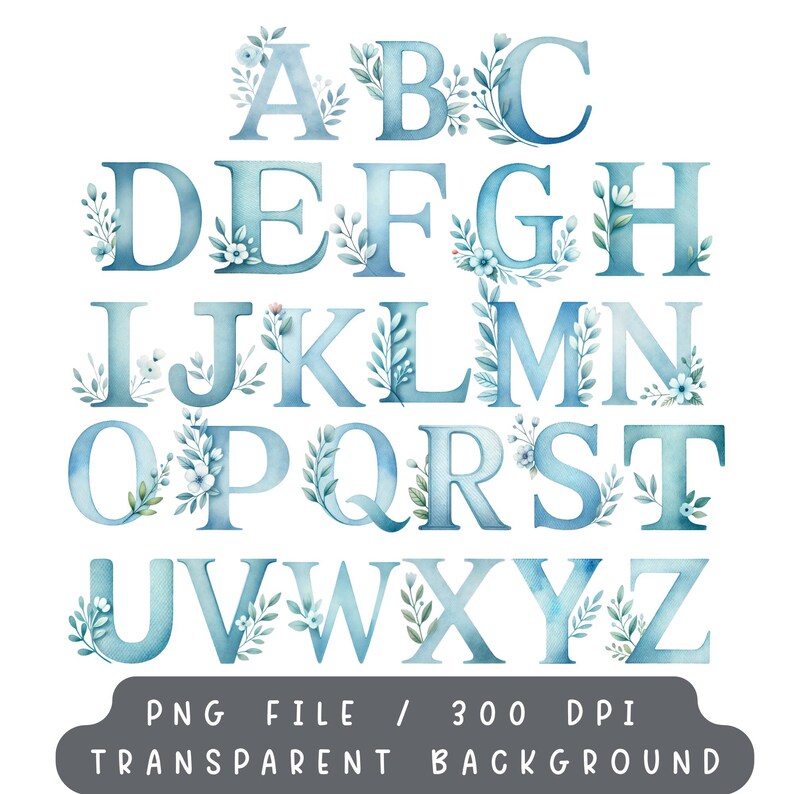 Floral Alphabet A Z Clipart, Blue Floral Letters Png, Watercolor ...