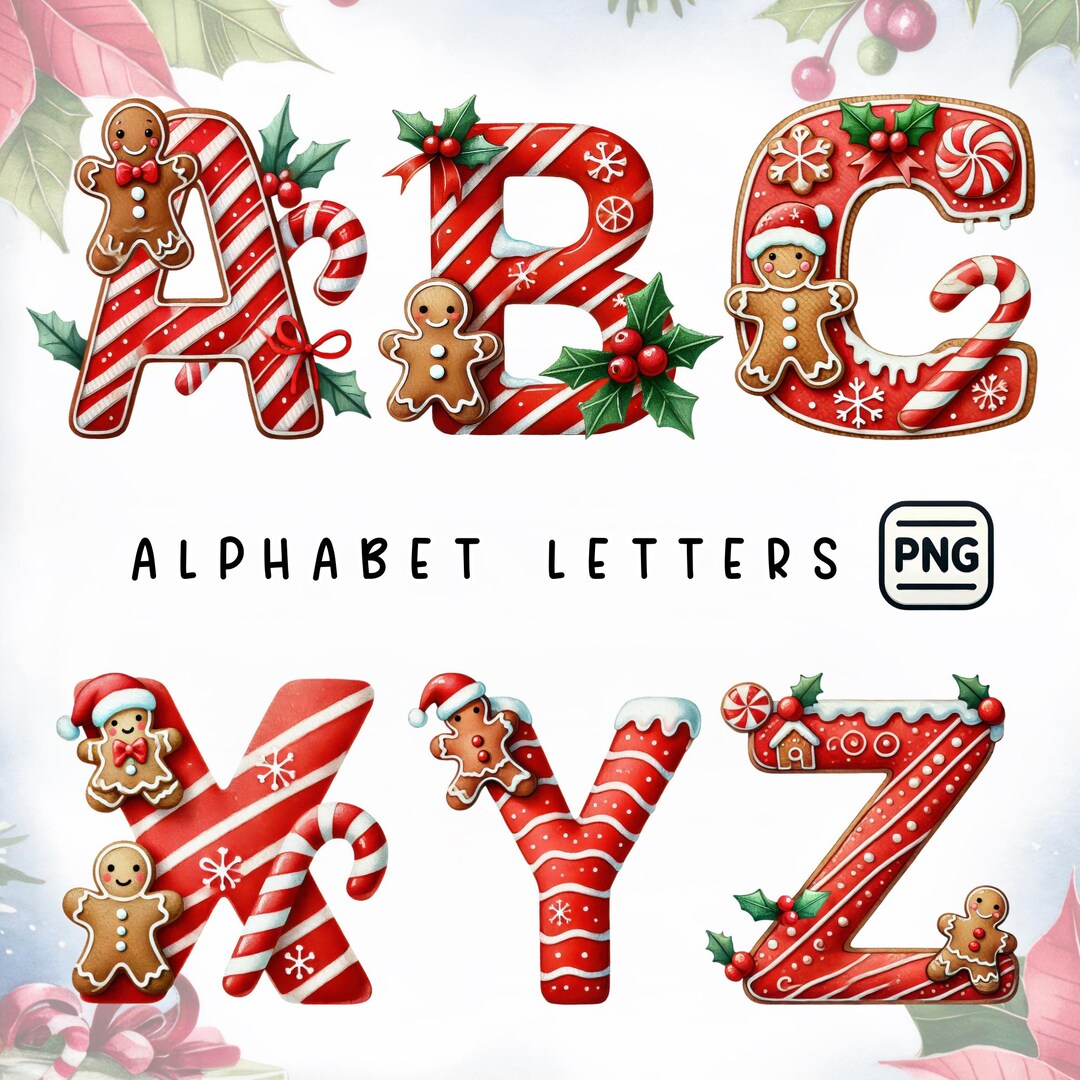 Christmas Alphabet Clipart: Candy Cane Gingerbread Letters (PNG Digital ...