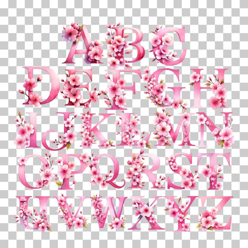 Pink Sakura Alphabet Set, A to Z Blossoms Letters, Pink Floral Monogram ...