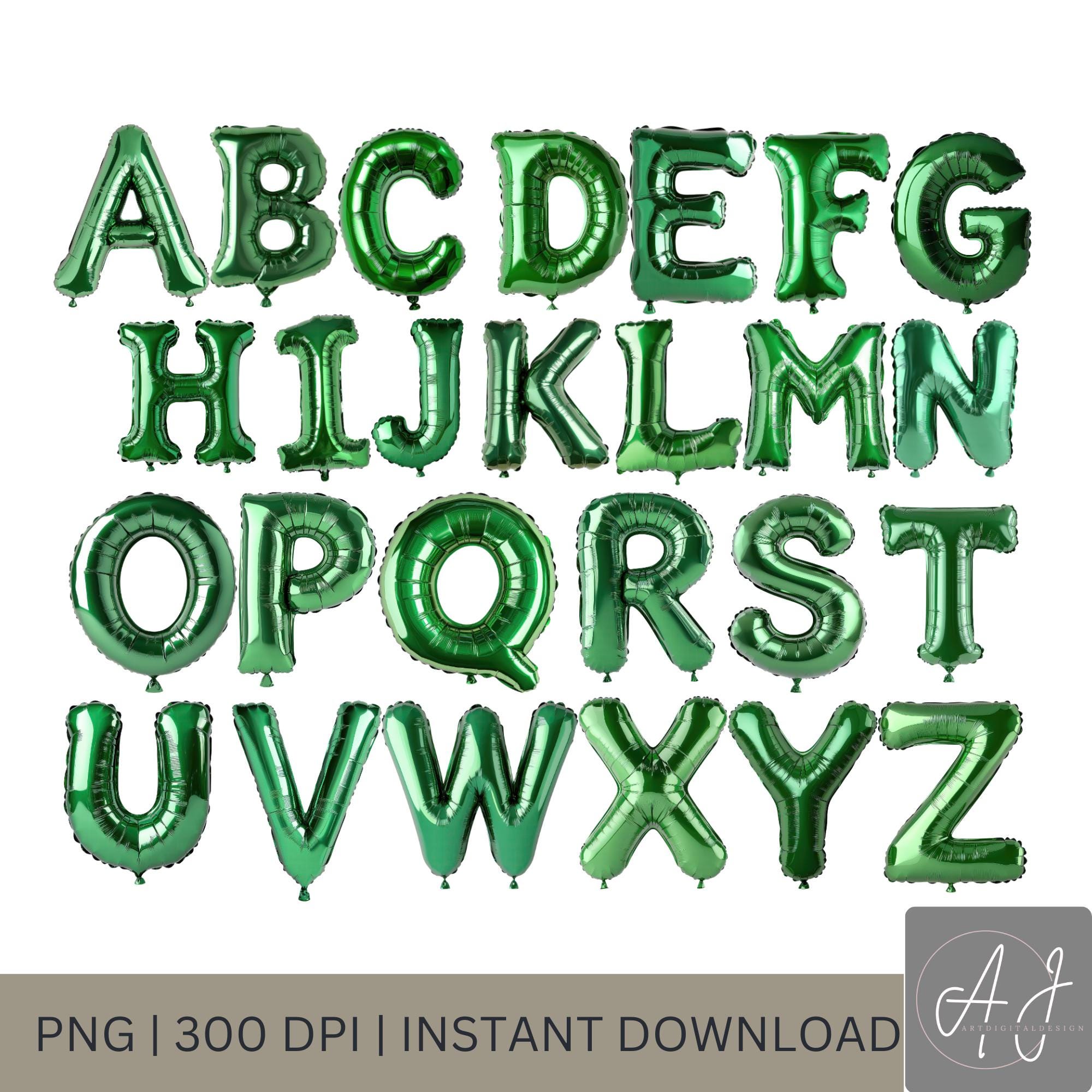 Green Balloon Letters Clipart, Shiny Metallic Letters, Green Metallic ...