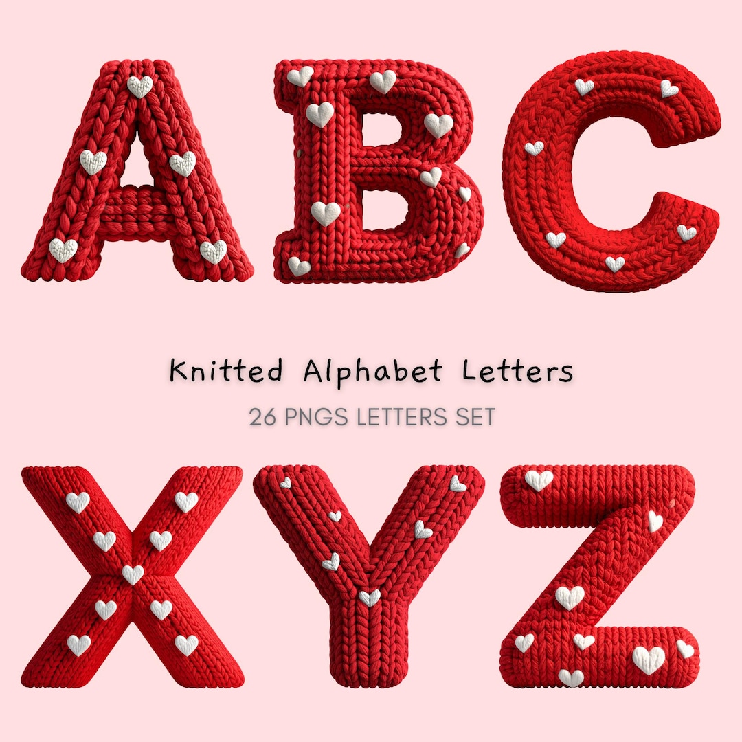 Knitted Alphabet Letters Clipart – Red Yarn Texture With White Hearts ...