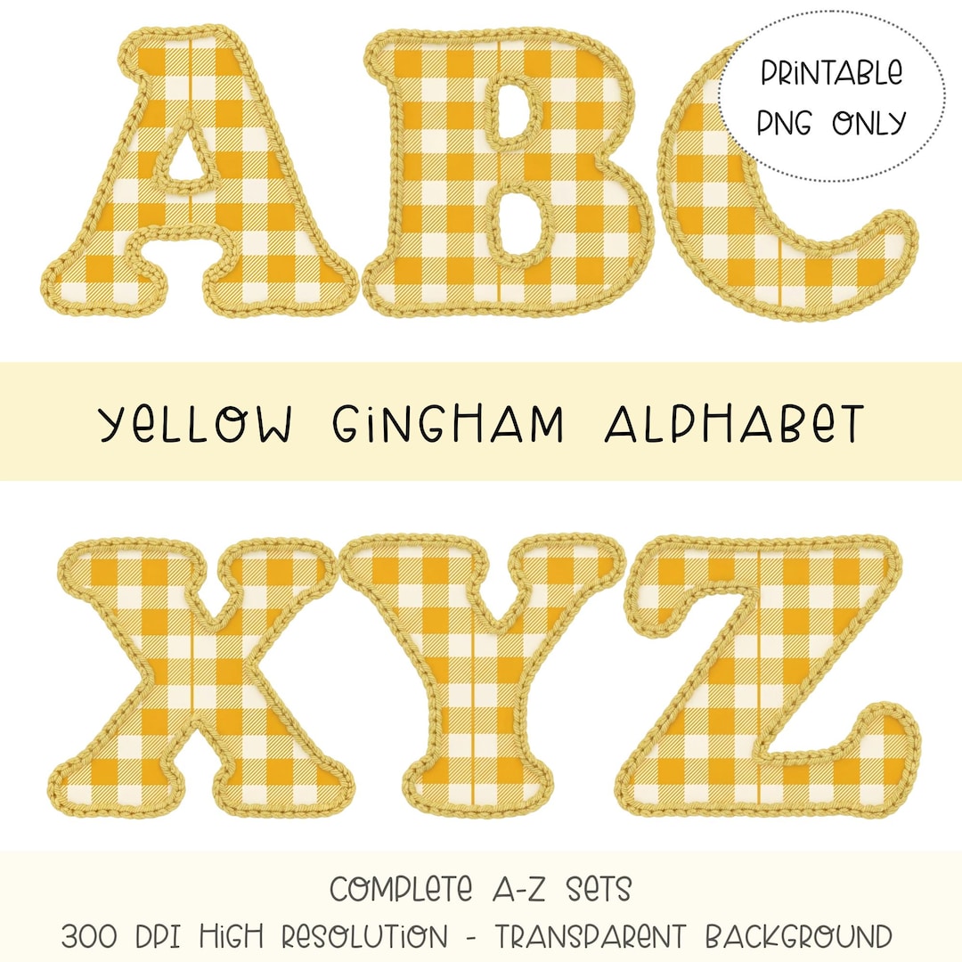 Yellow Gingham Alphabet Clip Art, Plaid Letter PNG, Digital Letters ...