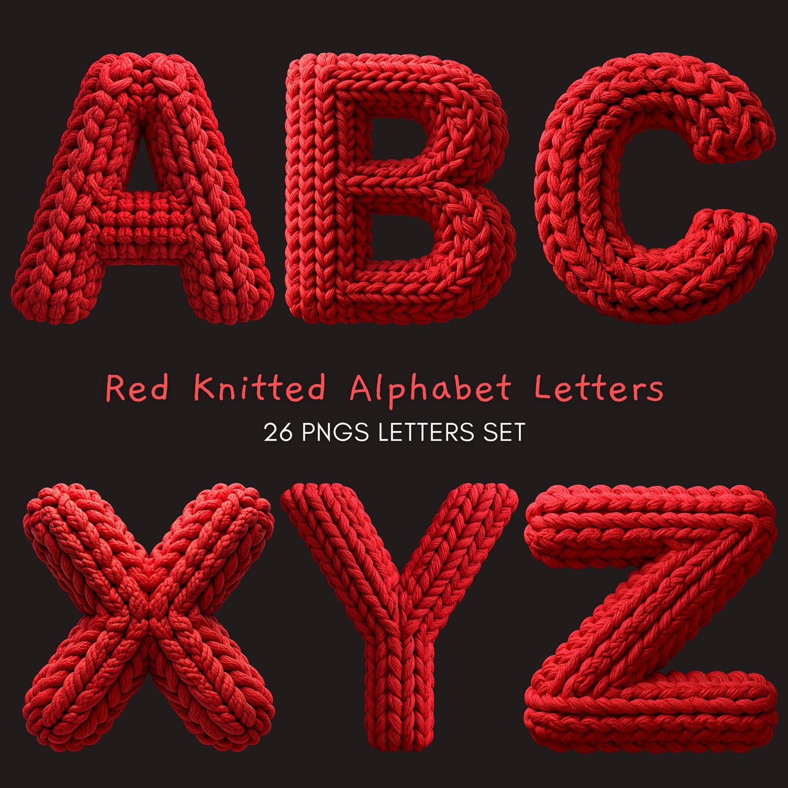 Red Knitted Alphabet Letters: Christmas Cozy Yarn Font (PNG Digital ...