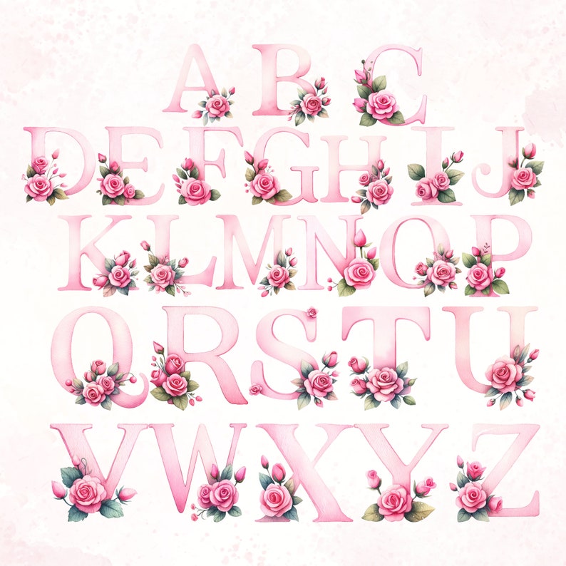 Watercolor Floral Alphabet A Z Letters, Pink Rose Flowers Letters Png ...