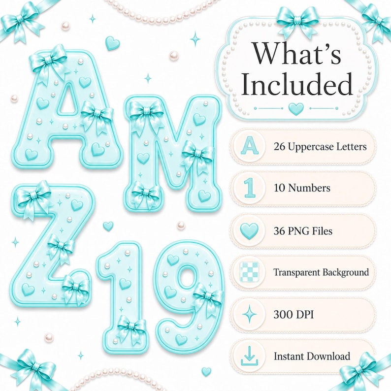 Aqua Bow Alphabet PNG, Coquette Letters and Numbers, Pastel Blue ABC ...