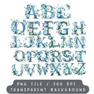 Floral Alphabet Clipart Set, Blue Morning Glory Letters, Blue Flower ...