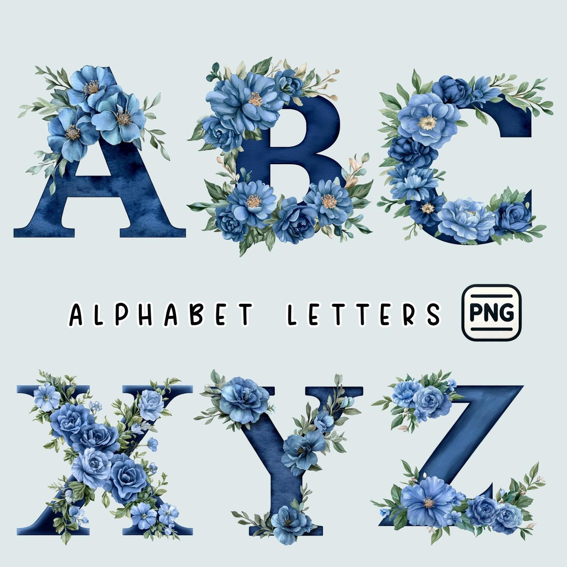 Blue Floral Alphabet Letters PNG, Flower Monogram, Blue Flower Letters ...