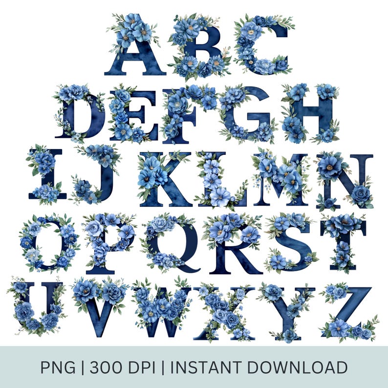 Blue Floral Alphabet Letters PNG, Flower Monogram, Blue Flower Letters ...