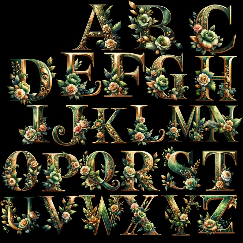 Floral Letter Monogram: Green Flower Alphabet Clipart (PNG Digital ...