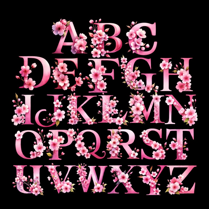 Pink Sakura Alphabet Set, A to Z Blossoms Letters, Pink Floral Monogram ...