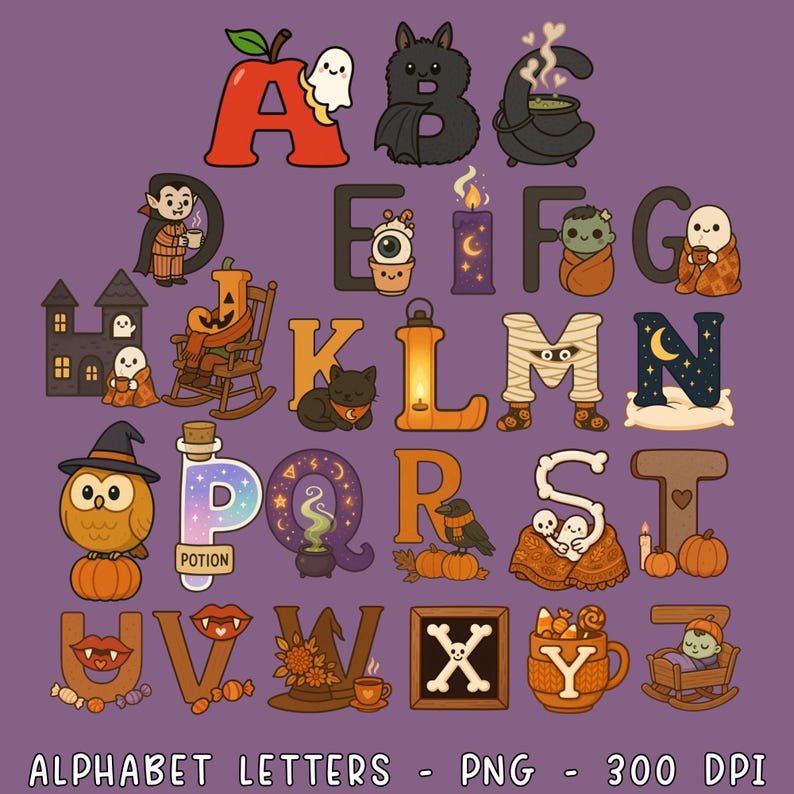 Spooky Halloween Alphabet Clipart Set: ABC Letters PNG (digital ...