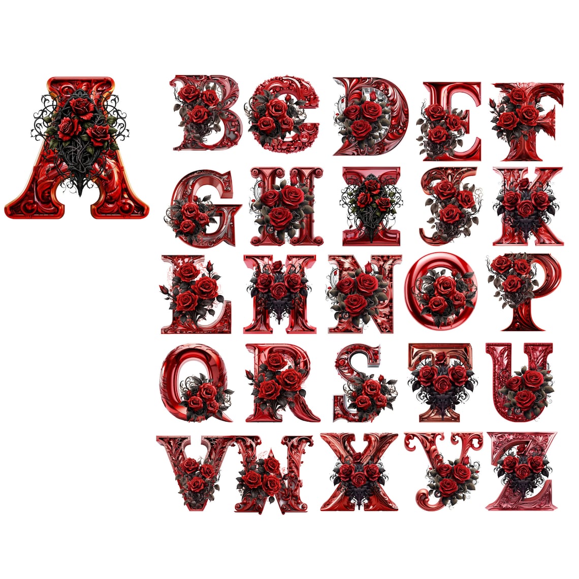 Gothic Red Rose Alphabet Letters Set, Letters A-Z Gothic Design With ...