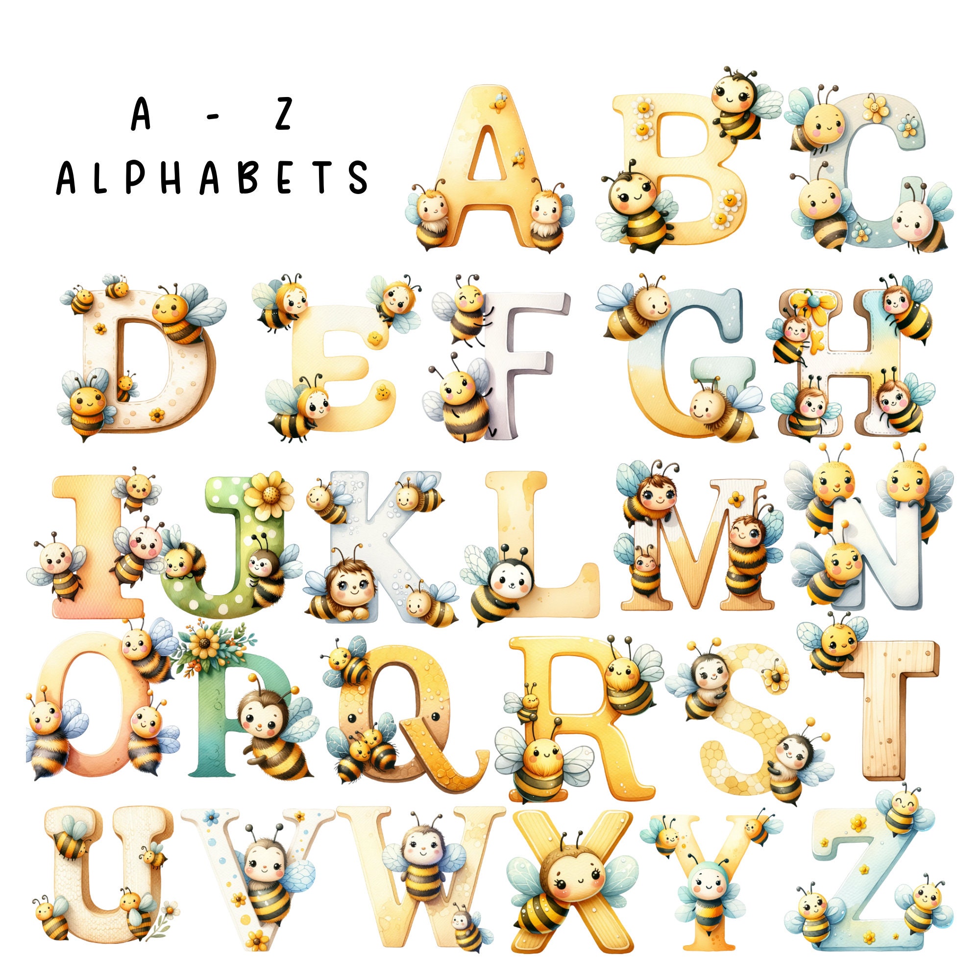 Bee Themed Alphabet Letters for Nursery Decor, Colorful A - Z Wall Art ...