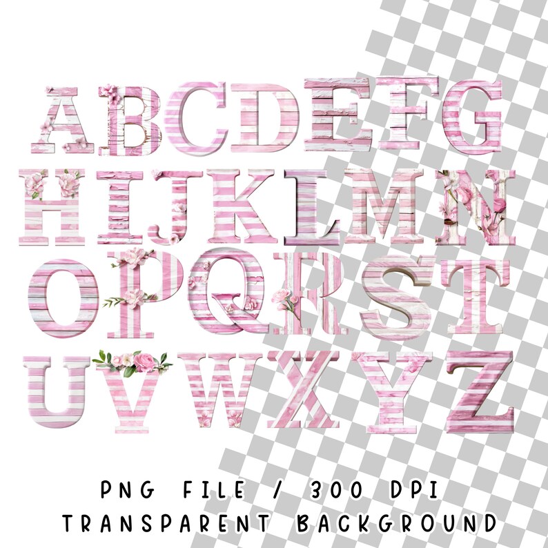 Pink Floral Stripe Alphabet Clipart Floral Letters for Nursery Decor ...