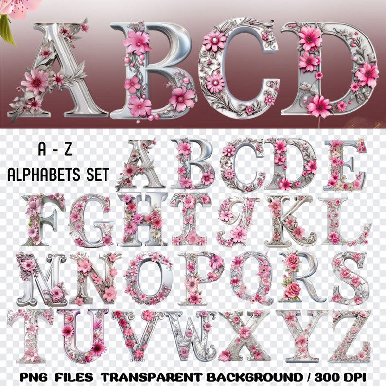 Floral Alphabet A Z Clipart, Silver Flowers A Z Letters Clipart, Floral ...