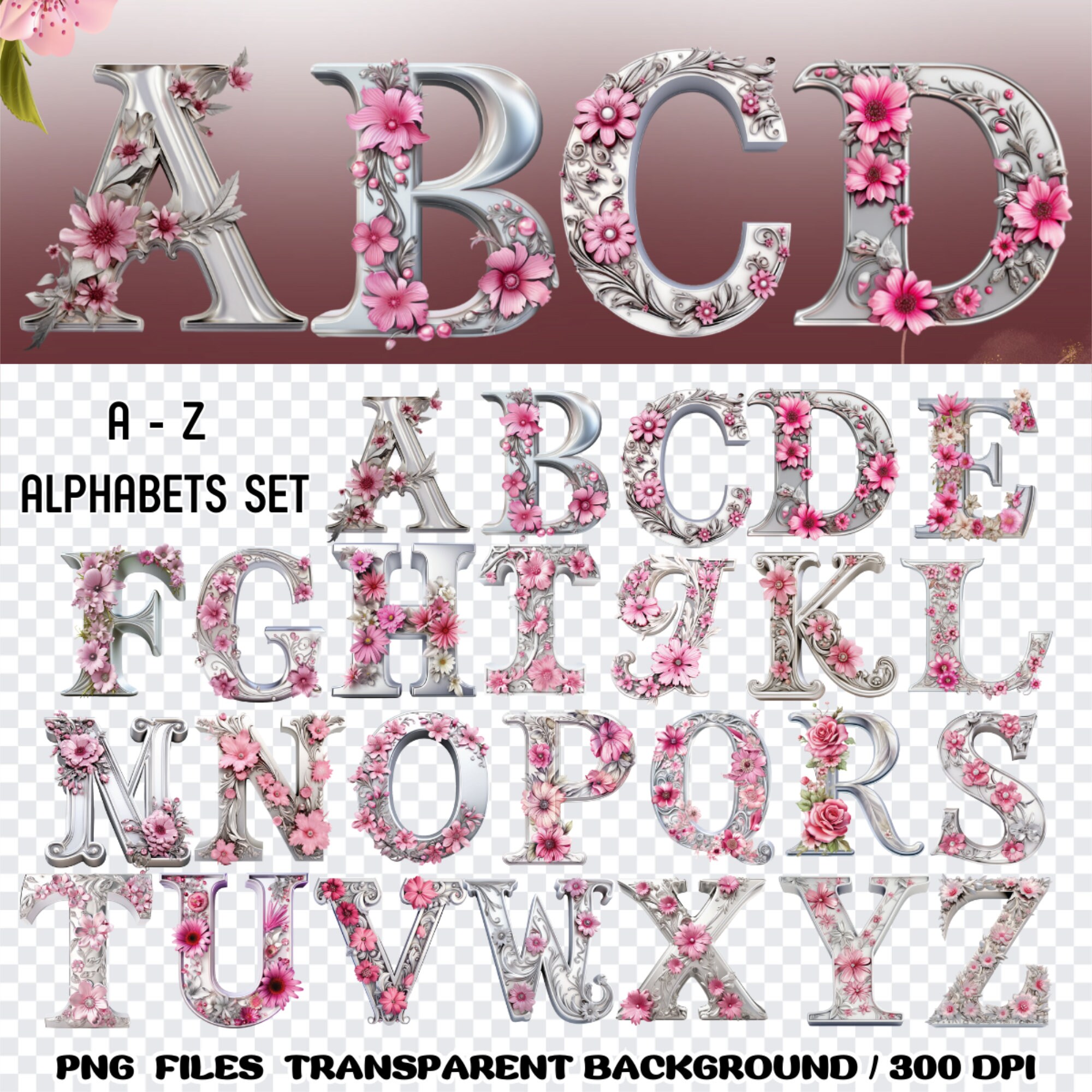 Floral Alphabet A Z Clipart, Silver Flowers A Z Letters Clipart, Floral ...