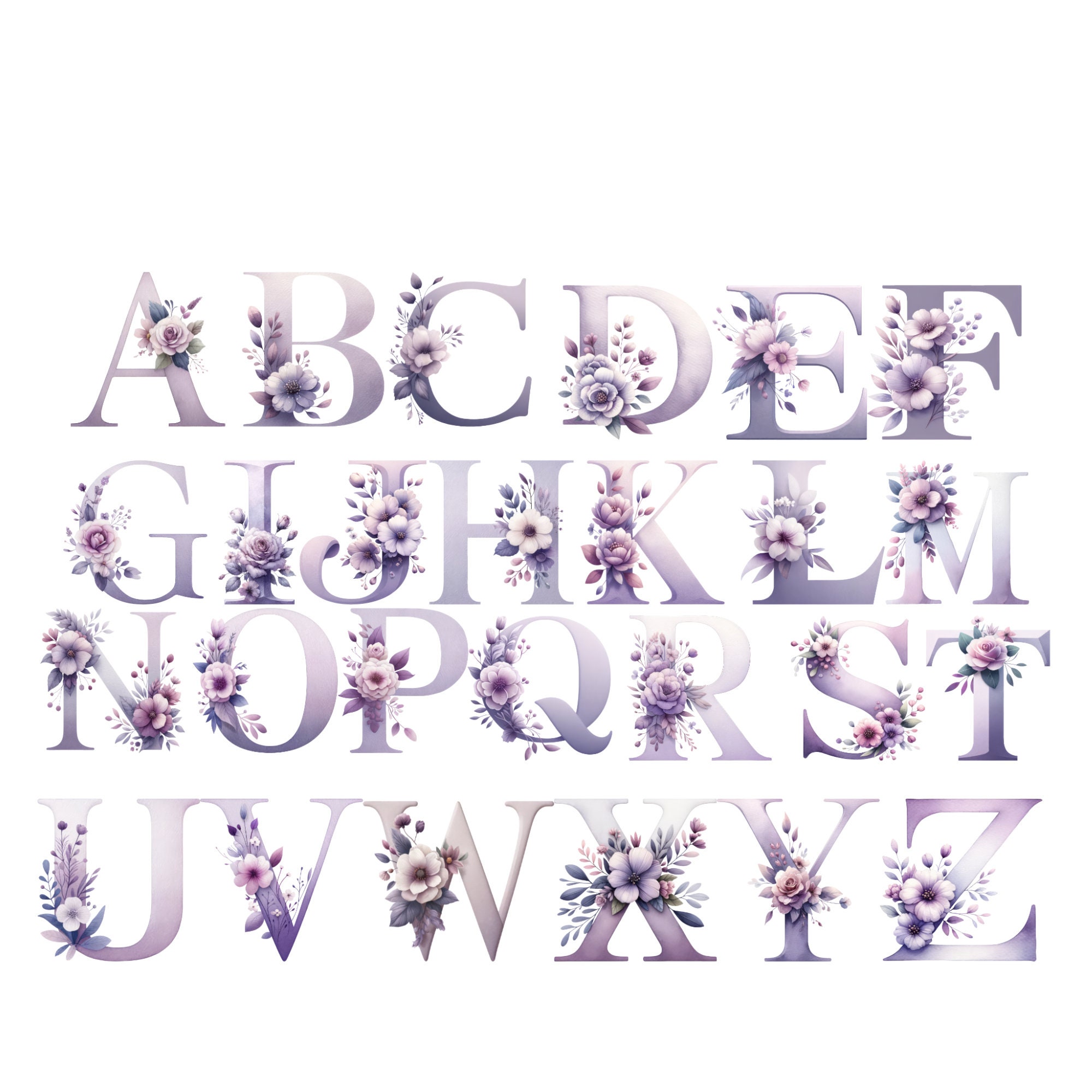 Floral Alphabet A - Z Clipart, Purple Floral Letters Png, Watercolor ...