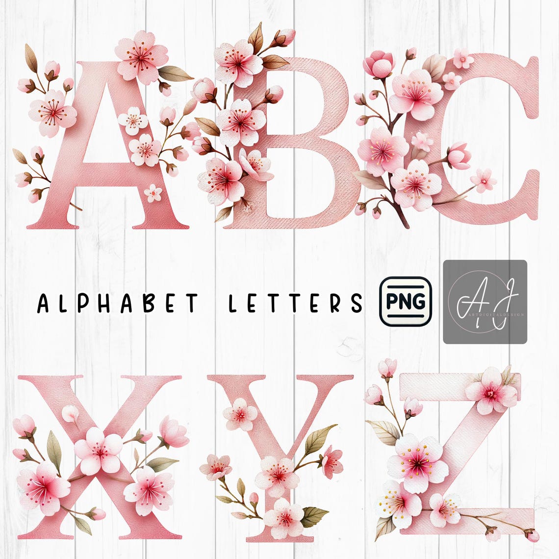 Cherry Blossom Alphabet Clipart, Watercolor Floral Letters PNG Bundle ...