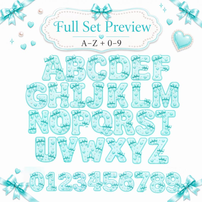 Aqua Bow Alphabet PNG, Coquette Letters and Numbers, Pastel Blue ABC ...