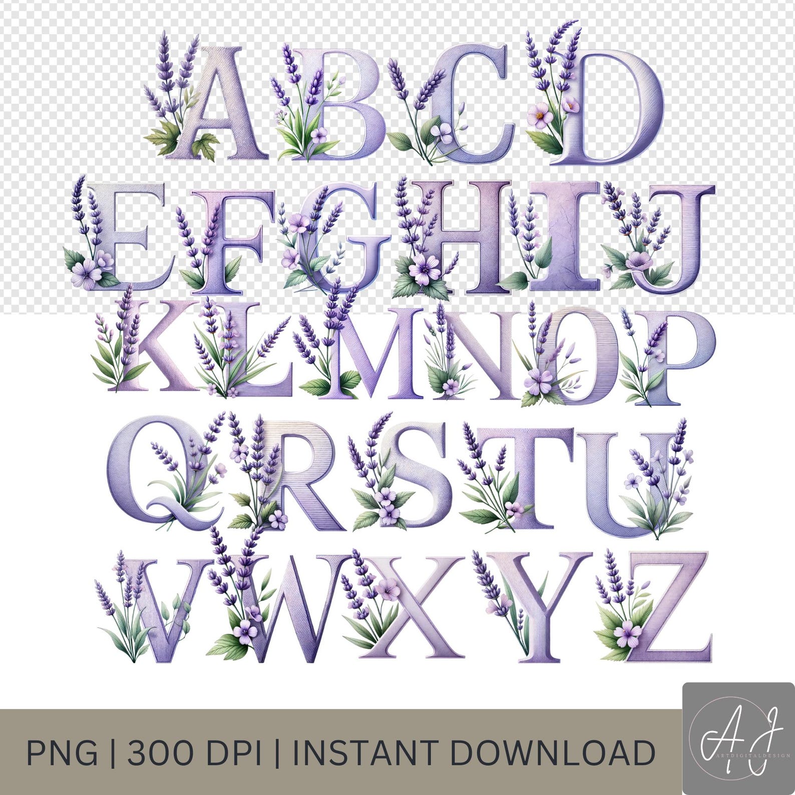 Floral Alphabet Clipart: Purple Watercolor Letters (PNG) - Etsy