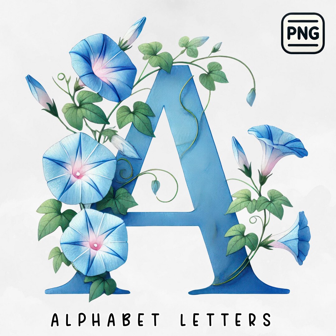 Floral Alphabet Clipart Set, Blue Morning Glory Letters, Blue Flower ...