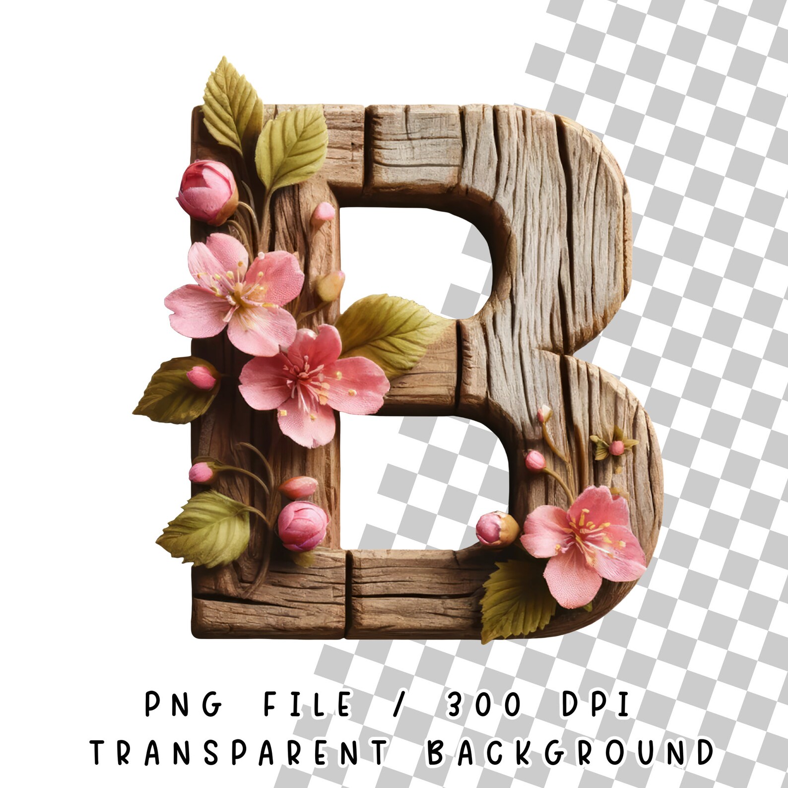 Floral Wood Alphabet A Z Clipart, 3D Wood PNG Letters, Rustic Font PNG ...